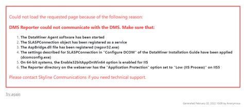 dms reporter could not communicate with the dms dataminer dojo
