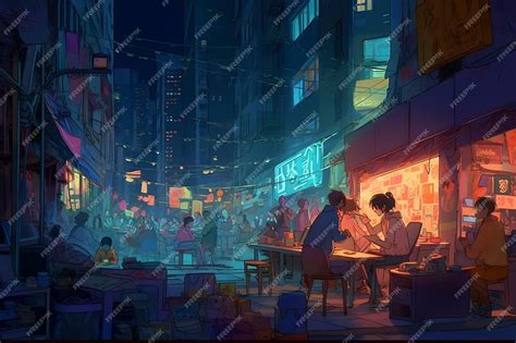 신스웨이브 스타일의 사이버 펑크 미래형 신경망 Ai가 생성된 일본 네온 도시 프리미엄 사진