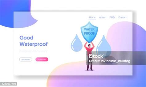 섬유 및 의류 방문 페이지 템플릿에 대한 내방 및 아쿠아 내성 기술 방수 비문과 떨어지는 방울방패를 들고 있는 작은 남성 캐릭터