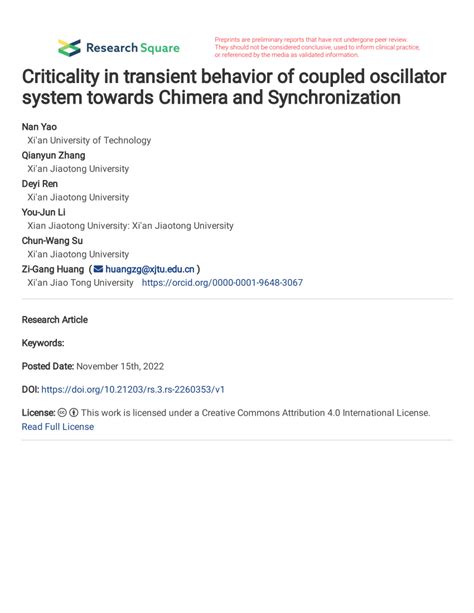Pdf Criticality In Transient Behavior Of Coupled Oscillator System Towards Chimera And