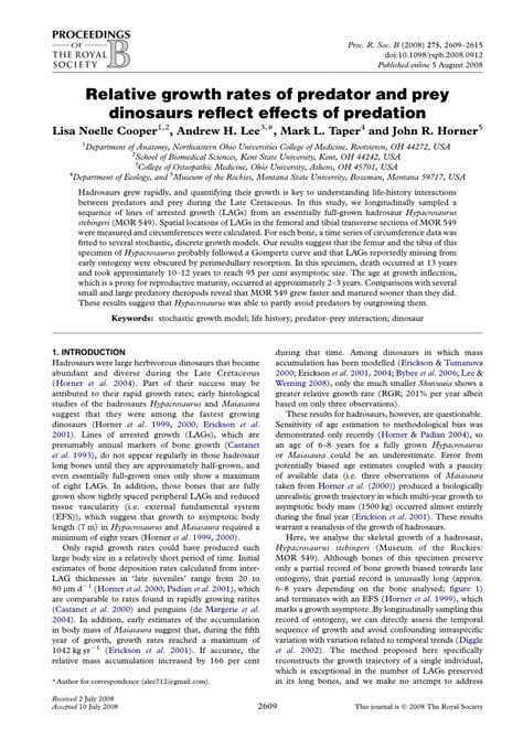 Pdf Relative Growth Rates Of Predator And Prey Dinosaurs Reflect
