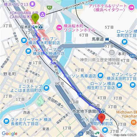 桜木町駅から関内ヤンキースへのルートマップ MDATA