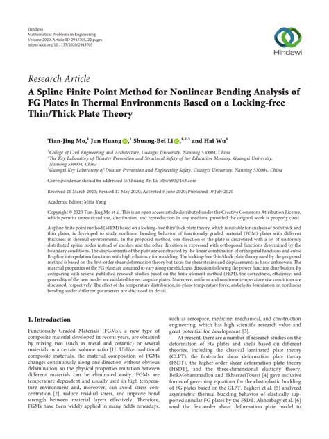 Pdf A Spline Finite Point Method For Nonlinear Bending Analysis Of Fg Plates In Thermal