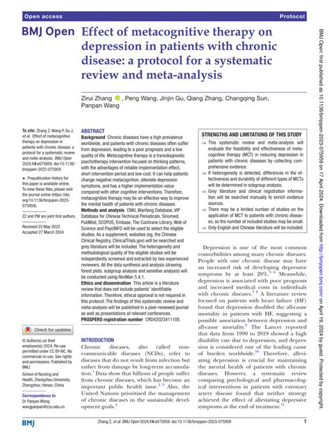 Pdf Effect Of Metacognitive Therapy On Depression In Patients With Chronic Disease A Protocol