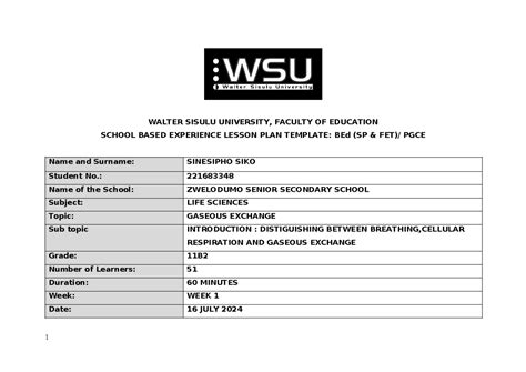 Life Science Lesson Plan 1 Walter Sisulu University Faculty Of Education School Based