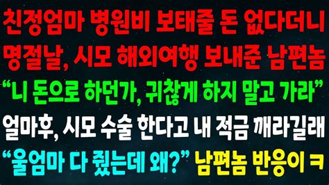 반전신청사연 친정엄마 병원비 보태줄 돈 없다더니 명절날 시모 해외여행 보내준 남편 니돈으로 하던가 얼마후 시모 수술한다고 내 적금 깨라길래 울엄마 다 줬는데