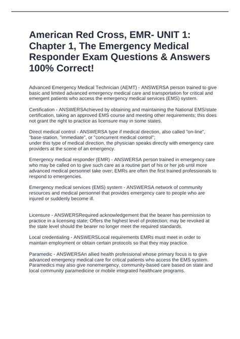 American Red Cross Emr Unit 1 Chapter 1 The Emergency Medical Responder Exam Questions