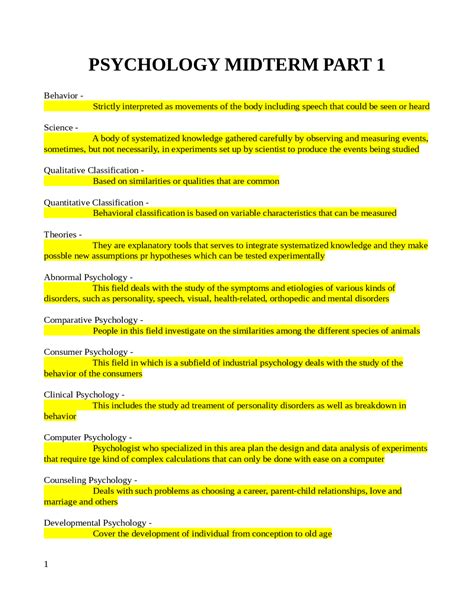PSYCHOLOGY MIDTERM PART 1 Exams Psychology Docsity