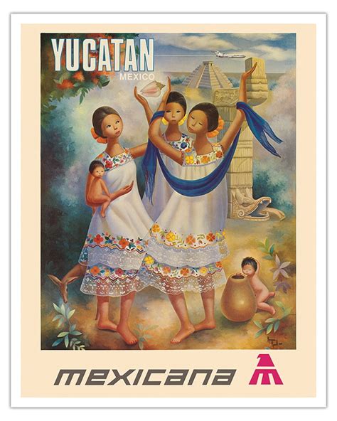 Yucatan Mexico Mexicana Airlines Vintage Airline Travel Poster By