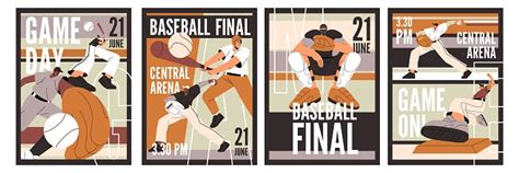 야구 경기 이벤트 포스터 디자인 세트 스포츠 경쟁의 프로모션 템플릿입니다 헬멧 놀이를 하는 스포츠맨 공을 던지다 유니폼을 입은 프로 선수들이 방망이로 친다 Flat