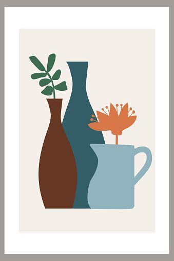 간단한 모양의 추상적 인 구성템플릿 꽃병에 열대 야자수 잎 콜라주 스타일 미니멀리즘 파스텔 흙 색 Sns용 엽서 및 커버용 벡터 배너 가리기에 대한 스톡 벡터 아트 및 기타