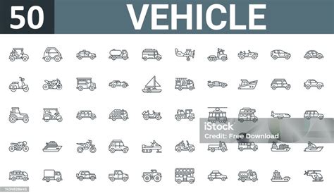 골프 카트 마이크로 경찰차 탱크 트럭 구급차 항공기 보고서 프리젠 테이션 다이어그램 웹 디자인 모바일 응용 프로그램을위한 트레일러 벡터 얇은 아이콘과 같은 50 개요 웹