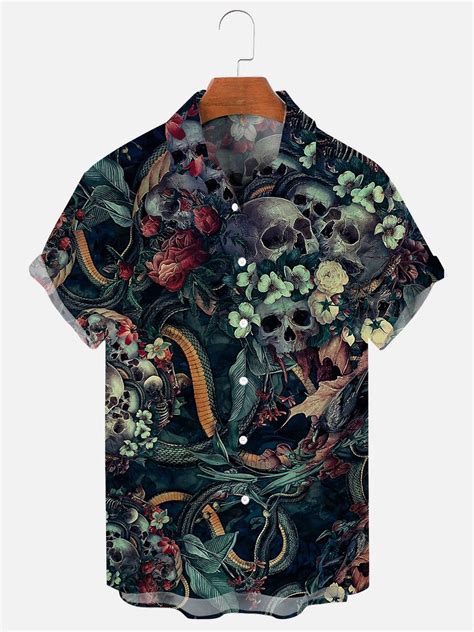 Skull Print Hawaiian Casual Short Sleeve Shirt Hallyy