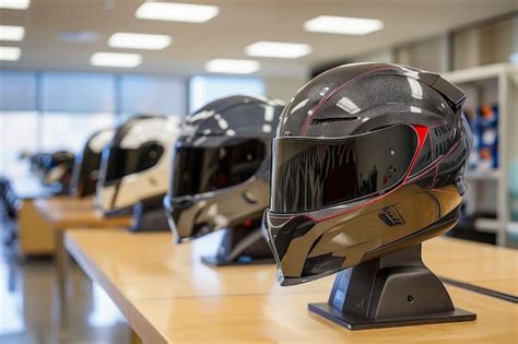 Premium Photo Assortment Of Modern Motorcycle Helmets On Display In