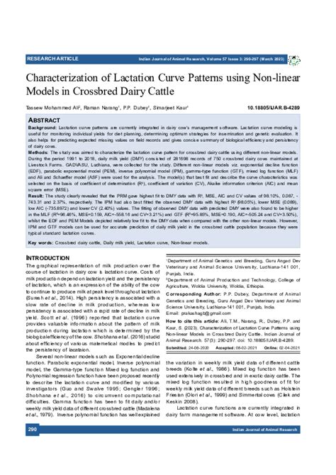 Pdf Characterization Of Lactation Curve Patterns Using Non Linear