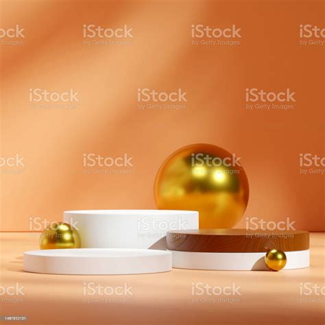 흰색과 나무 질감 연단은 정사각형 금색 구체와 주황색 벽 3d 렌더링 이미지 장면 모형 0명에 대한 스톡 사진 및 기타 이미지 0명 3차원 형태 강단 Istock