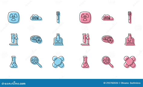 Set Line Test Tube Microorganisms Under Magnifier Radioactive Molecule With Toxic Liquid
