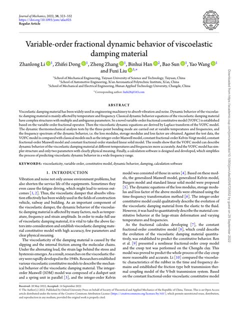 Pdf Variable Order Fractional Dynamic Behavior Of Viscoelastic Damping Material