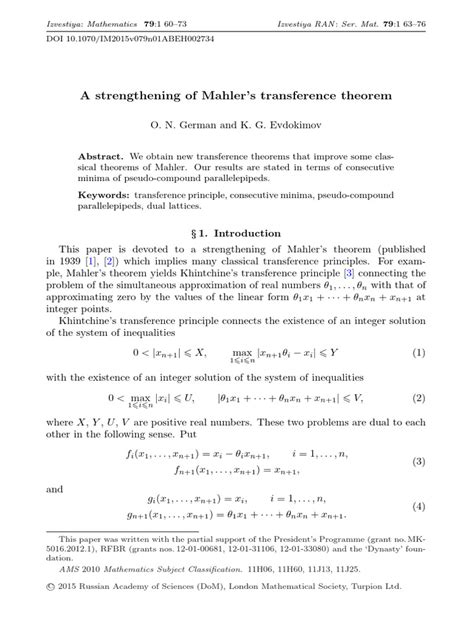 German Evdokimov 2015 Izvestiya A Strengthening Of Mahlers