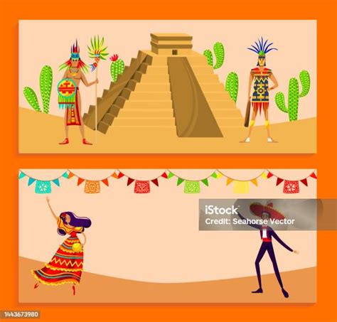 아즈텍 사람들과 멕시코 문화 세트 벡터 일러스트 레이 션 부족 전사 캐릭터는 피라미드 근처에 서 있고 솜브레로를 입은 남자 여자 춤 사람들에 대한 스톡 벡터 아트 및 기타