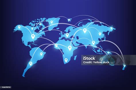 현대지도 파란색 배경으로 전 세계를 여행하십시오 글로벌 여행 기술 연결 평면 디자인의 벡터 일러스트레이션 유럽에 대한 스톡 벡터 아트 및 기타 이미지 Istock