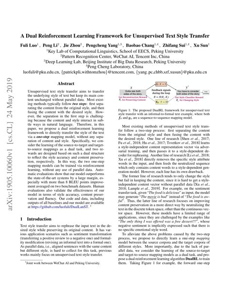 Pdf A Dual Reinforcement Learning Framework For Unsupervised Text