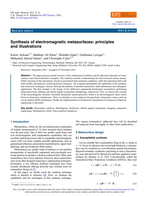 Pdf Synthesis Of Electromagnetic Metasurfaces Principles And Illustrations