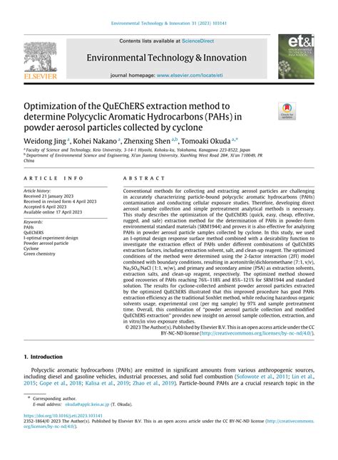 Pdf Optimization Of The Quechers Extraction Method To Determine Polycyclic Aromatic
