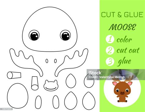 간단한 교육 게임 색칠 페이지 잘라 접착제 앉아 아기 사슴 아이 용 유치원 어린이를위한 교육 종이 게임 종이에 색상 절단 부품 및 접착제 벡터 스톡 일러스트레이션입니다 검은