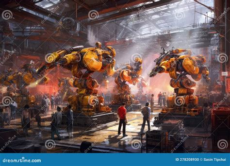 Futuristic Machines In Factory Robots Producing Auto Parts Stock