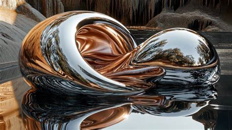 Reflective Metallic Sculptures With Smooth Fluid Shapes Mirrored In A Calm Glossy Surface