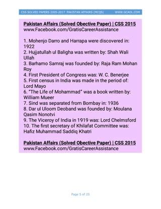 Css Solved Papers Pakistan Affairs Mcqs PDF