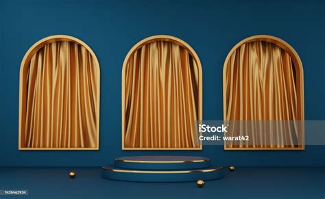 연단은 비어 있고 현대 무대 디스플레이 추상 쇼케이스 배경 개념 3d 그림 또는 3d 렌더링을 위한 파란색 구성의 금 커튼이 있는 공 0명에 대한 스톡 사진 및 기타 이미지