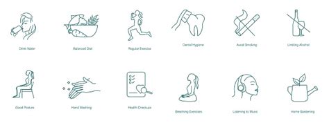 물 마시기 야채 먹기 균형 잡힌 식단 규칙적인 운동 치과 위생 흡연을 피하기 음주를 피하기 바른 자세 유지 손 씻기 건강 검진 호흡 운동 벡터 아이콘 건강 진단에 대한 스톡