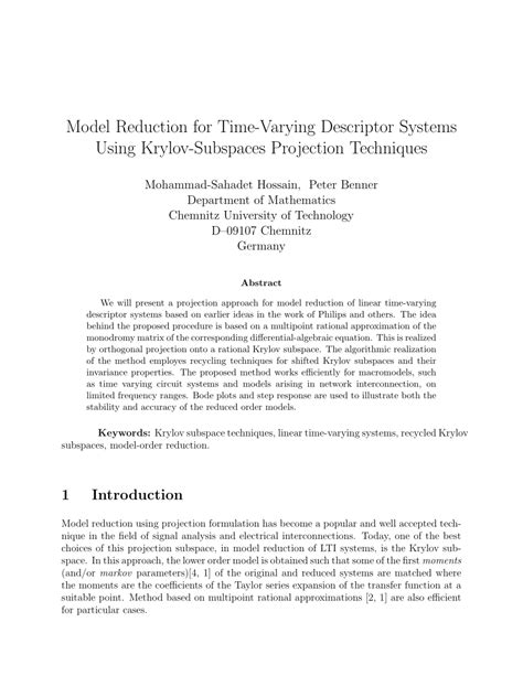 Pdf Model Reduction For Time Varying Descriptor Systems Using Krylov Subspaces Projection