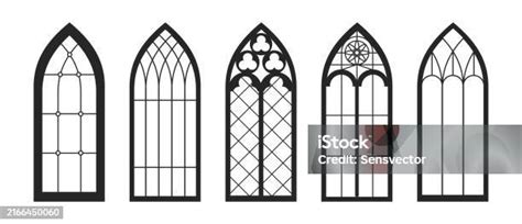 고딕 양식의 창문은 윤곽선을 그리고 모자이크와 함께 아치형 테두리의 고립 된 세트입니다 벡터 클래식 중세 건축 디자인 교회 또는 대성당의 외관 및 외관 요소 흑백 스타일