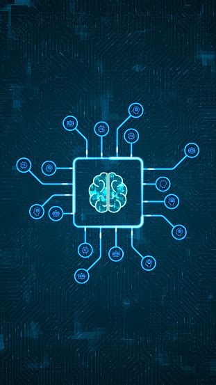 Ai 챗봇 및 기계 학습 기술을 사용한 추상적인 배경에 Ai 아이콘 및 데이터 전송이 있는 파란색 디지털 두뇌 로고 및 Hud