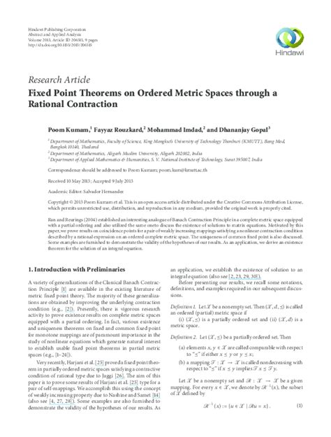 Pdf Fixed Point Theorems On Ordered Metric Spaces Through A Rational Contraction