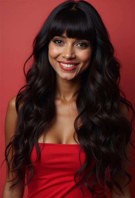 Indian Woman With Very Long Huge Big Volume Hair With Bangs On Red