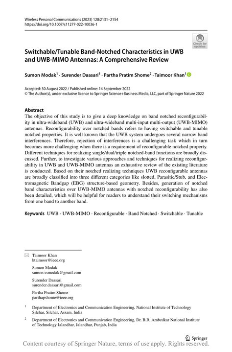 Switchable Tunable Band‑notched Characteristics In Uwb And Uwb‑mimo Antennas A Comprehensive