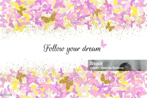 흰색 배경에 분홍색 색종이 나비 구성 벡터 골드 빛나는 나비 텍스트와 함께 당신의 꿈을 따르십시오 장식 가로 줄무늬 이음새가 있는 패턴 1위에 대한 스톡 벡터 아트 및 기타