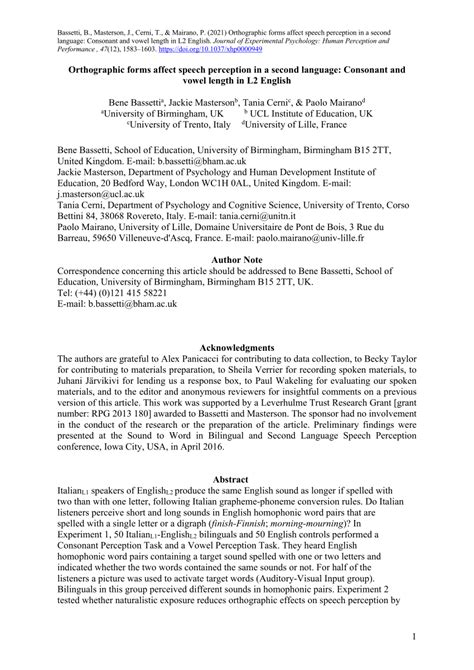 Pdf Orthographic Forms Affect Speech Perception In A Second Language Consonant And Vowel