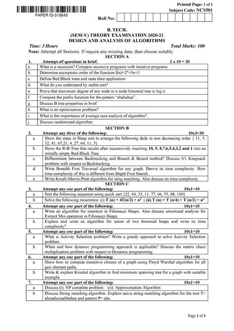 Btech Cs 5 Sem Design And Analysis Of Algorithm Ncs501 2021 Printed