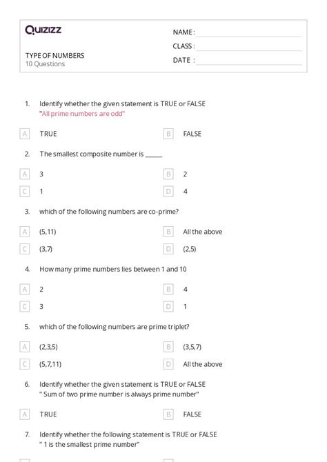 50 Prime And Composite Numbers Worksheets For 8th Class On Quizizz