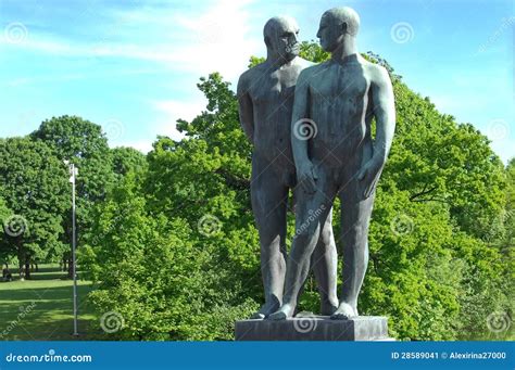 Sculptures Of Two Naked Males In Vigeland Park Oslo Editorial Photo