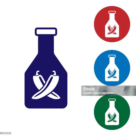 흰색 배경에 고립 된 블루 케첩 병 아이콘입니다 핫 칠리 페 퍼 포드 사인 바베 큐 및 바베 큐 그릴 기호입니다 원 버튼의 색상 아이콘을 설정 합니다 벡터 일러스트 개념에