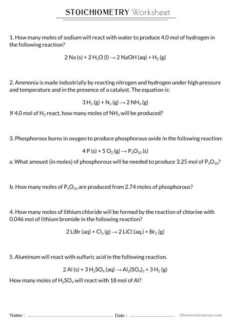 Free Printable Mole To Mole Stoichiometry Worksheets Worksheets Library