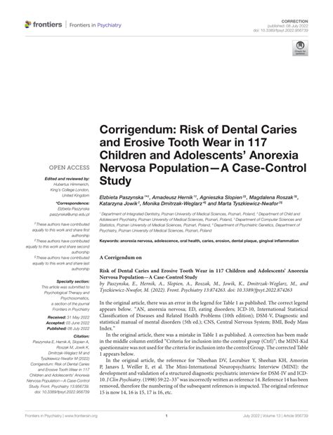 Pdf Corrigendum Risk Of Dental Caries And Erosive Tooth Wear In 117