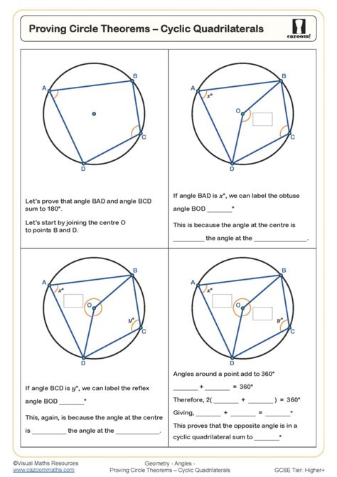 Proving Circle Theorems Cyclic Quadrilaterals Worksheet Fun And