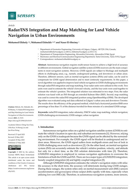 Pdf Radarins Integration And Map Matching For Land Vehicle Navigation In Urban Environments